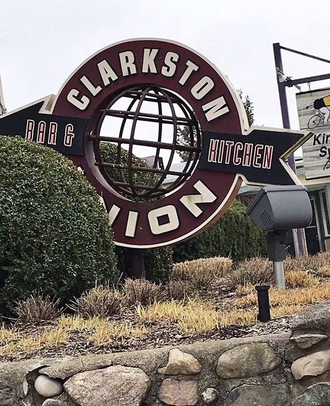 The iconic Clarkston Union sign stands as a beacon for anyone seeking authentic Michigan comfort food excellence.