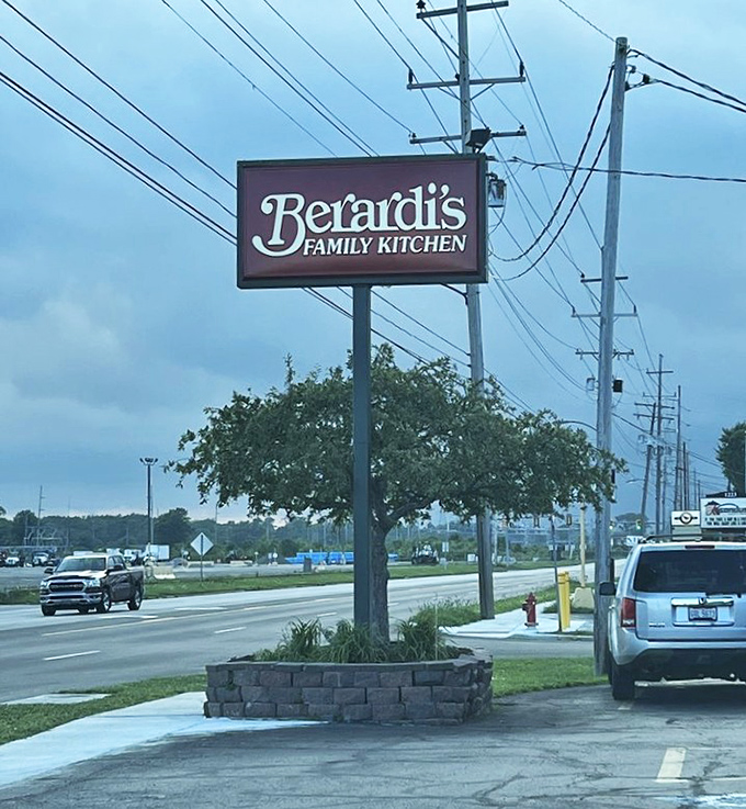 Even the roadside sign seems to say, "Turn here or regret it later when everyone's talking about the pie you missed."