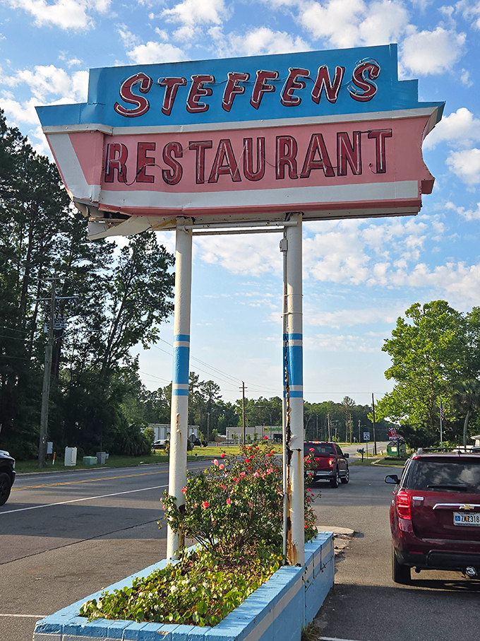 The vintage Steffens sign stands as a beacon to hungry travelers, its retro charm untouched by time or trends. Some things just shouldn't change.