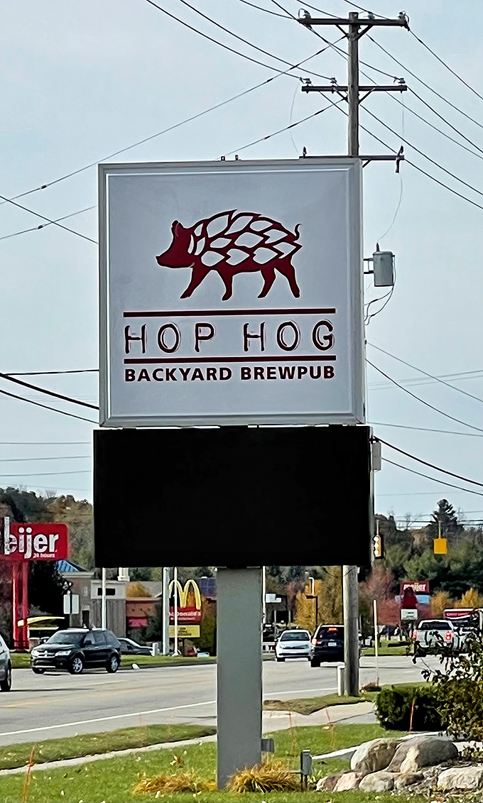 The sign says it all: part pig, part hops, all delicious. This roadside beacon has saved many a hungry traveler from drive-thru mediocrity.