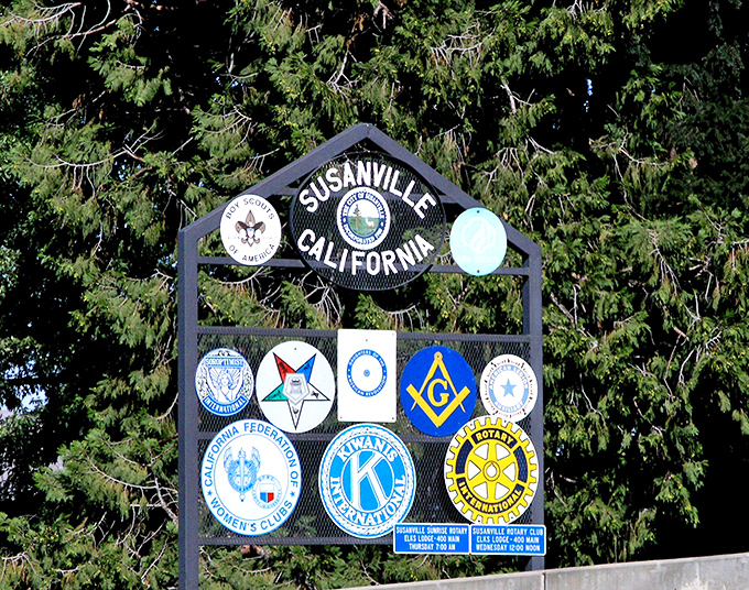 Susanville's community sign displays its civic organizations proudly, because in small towns, belonging still matters more than broadband speed.