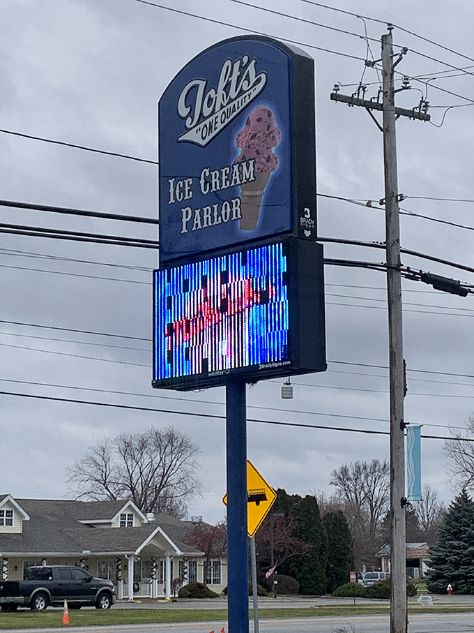 Toft's roadside sign stands as a beacon of hope for travelers and locals alike&mdash;ice cream salvation is just one turn away.