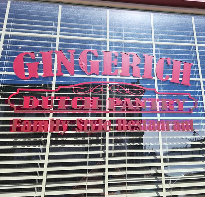 The red lettering announces "Gingerich Dutch Pantry" with the quiet confidence of a place that doesn't need to shout about its food&mdash;the locals do that for them. 