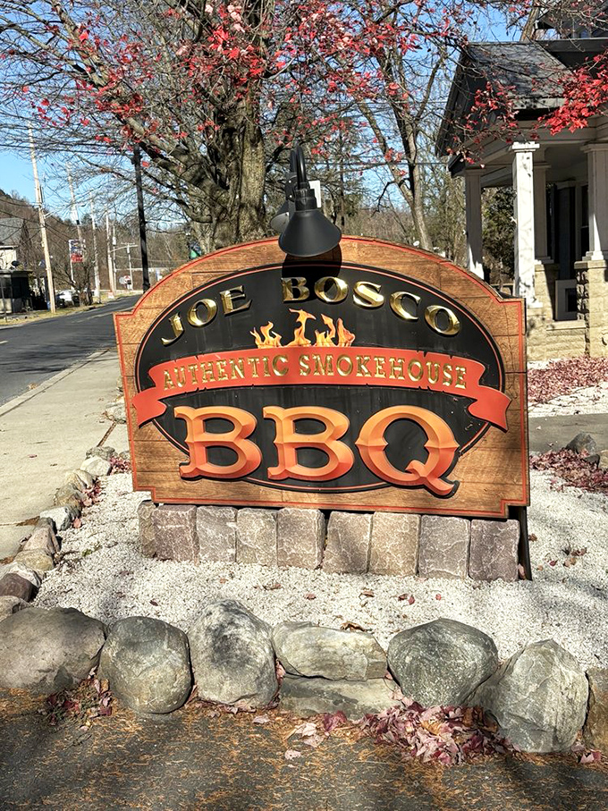 This sign doesn't just mark a restaurant; it's a beacon for those wandering the Delaware Water Gap in search of smoked meat salvation.