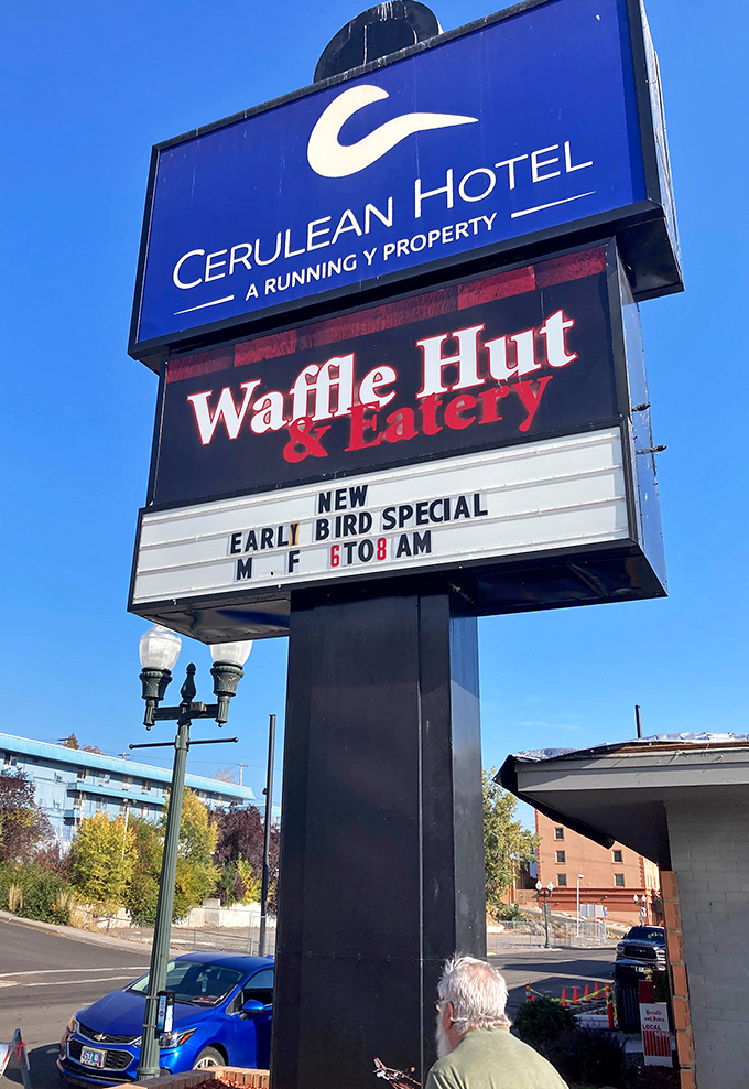 The Early Bird Special sign beckons to those wise enough to rise with the sun for first dibs on waffle perfection.