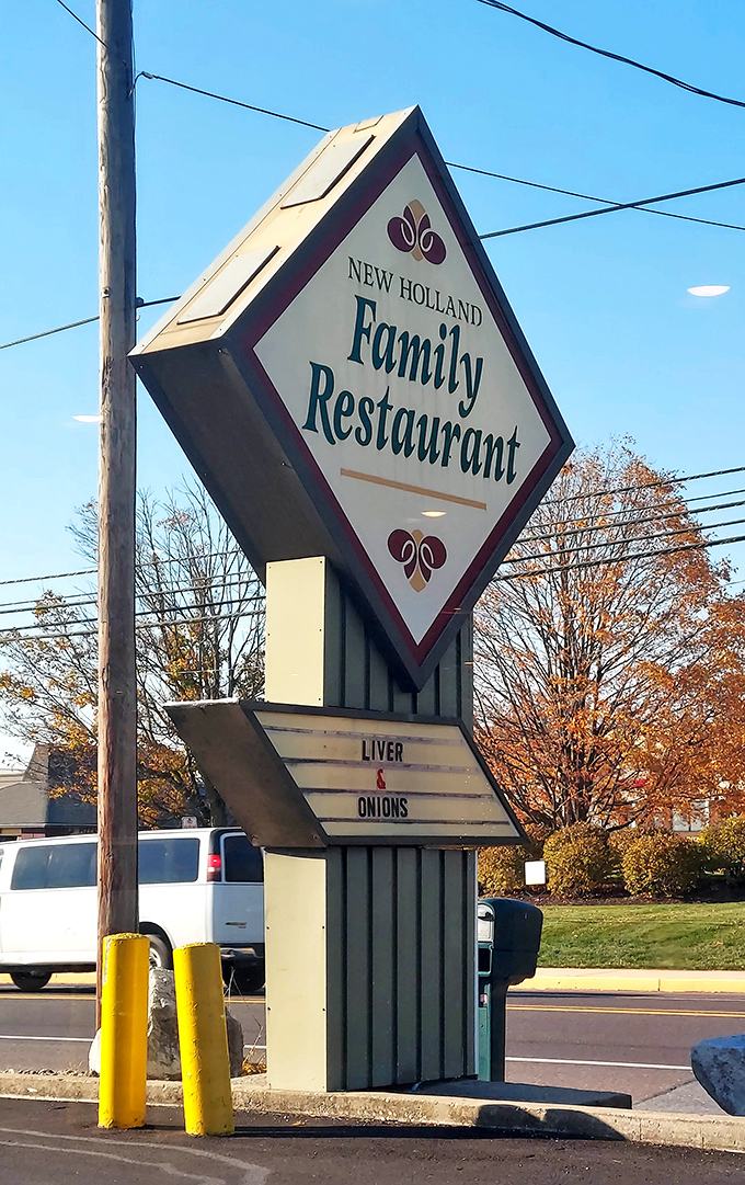 The sign proudly advertising "Liver & Onions"&mdash;a bold statement in a world of avocado toast and kale smoothies. Refreshingly unapologetic. 