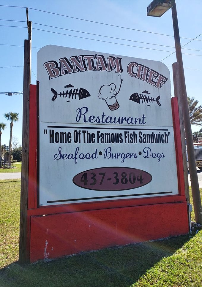 The sign says it all: "Home of the Famous Fish Sandwich." When you're this confident about your signature dish, you put it right on the marquee.