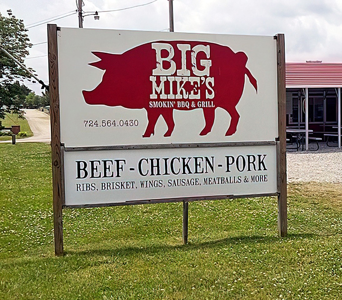The sign says it all: beef, chicken, pork. No pretentious menu descriptions needed when your food speaks this eloquently.