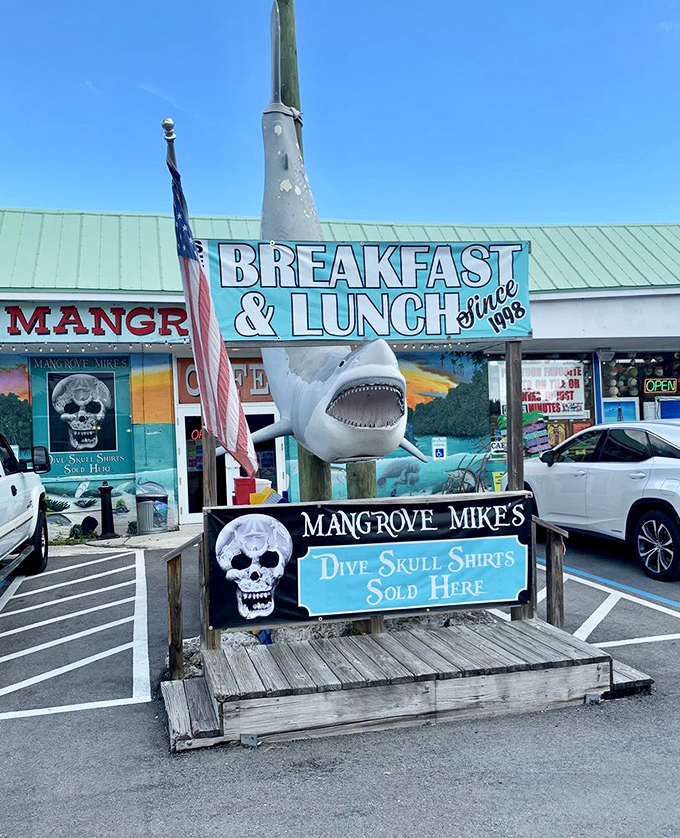 Nothing says "authentic Florida Keys" quite like a giant shark statue guarding your breakfast spot. He's the unofficial greeter and selfie backdrop.