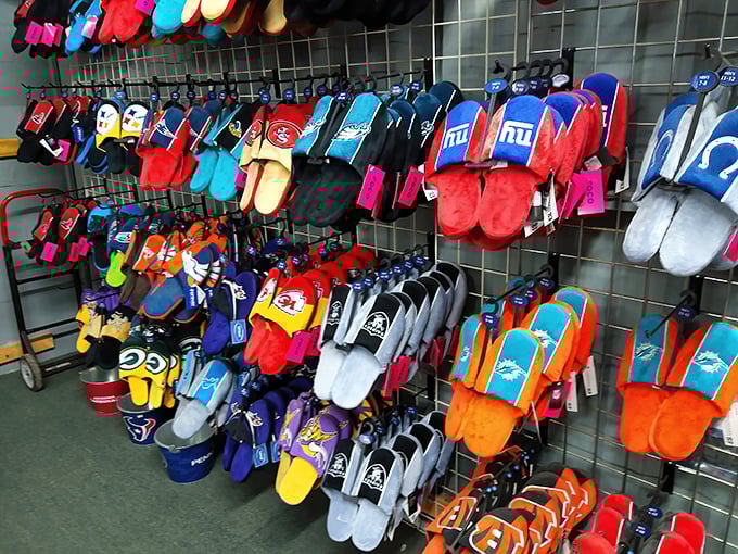 Team spirit meets comfort in this colorful array of sports-themed slippers, perfect for game day lounging or midnight snack expeditions.