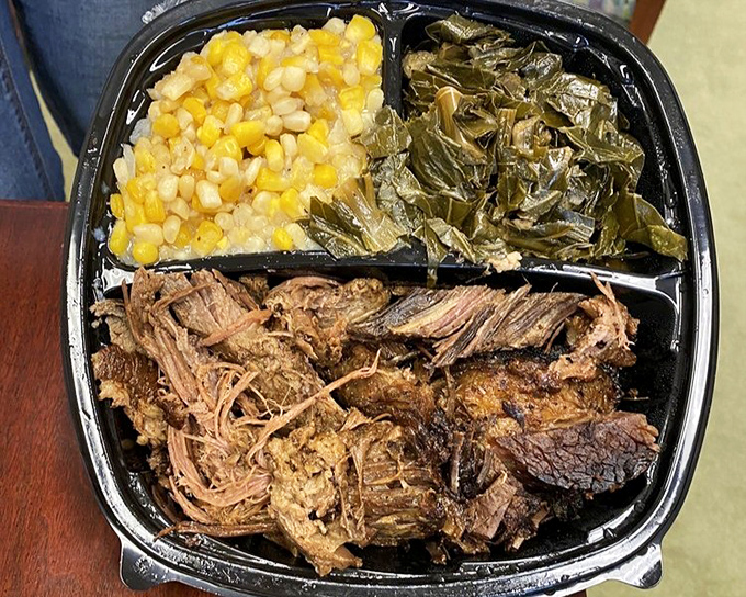 Brisket with collards and corn &ndash; a plate that tells the story of Southern cooking's genius for transforming humble ingredients into something magnificent.