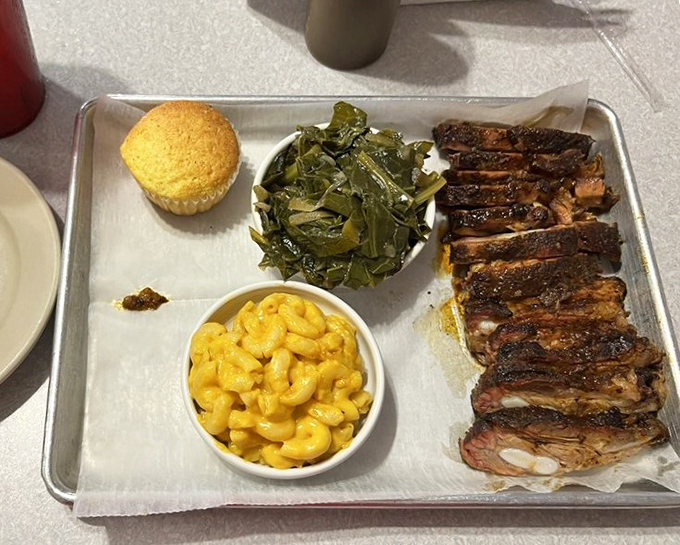 Ribs, mac and cheese, and collard greens - the kind of meal that makes you seriously consider moving to Indianapolis.