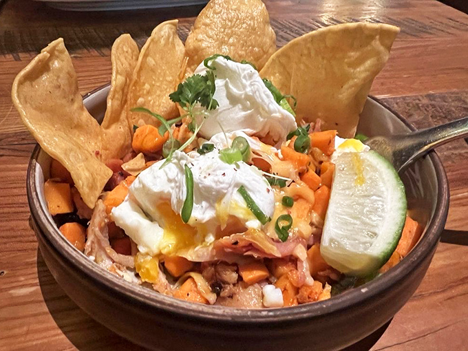 A breakfast bowl that's worth setting your alarm for&mdash;vibrant sweet potatoes, pulled chicken, and an egg that's ready for its close-up. 