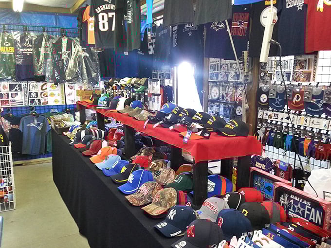 Sports fan paradise where team loyalty never goes out of season. Find your tribe's colors among this sea of hats, jerseys, and memorabilia.