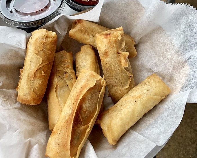 Crispy spring rolls arrive golden and hot, proving that good food knows no cultural boundaries at this waterfront gem.