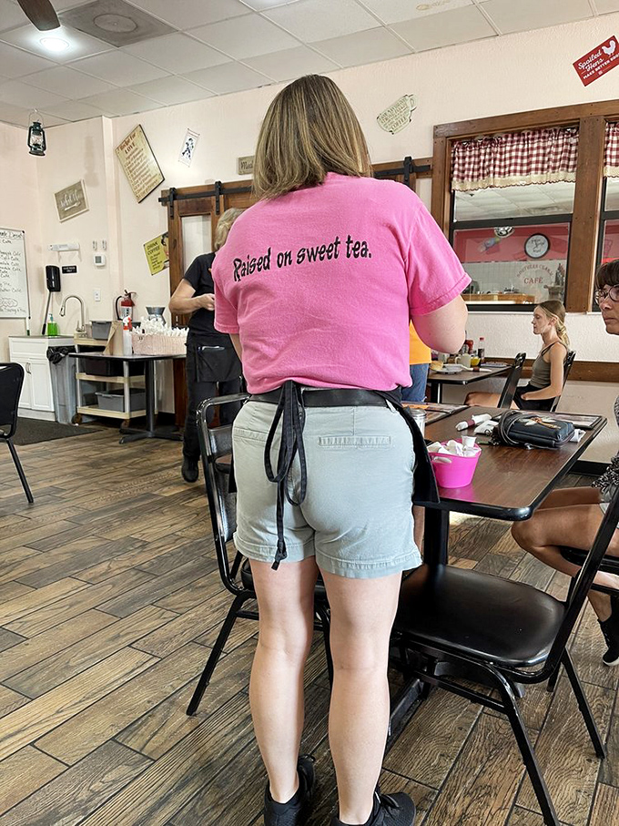 "Raised on sweet tea" isn't just a cute t-shirt slogan&mdash;it's a Southern philosophy of life. This server carries Southern hospitality on her back, literally.