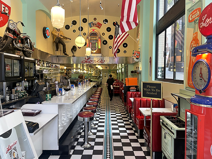 The diner's interior is a museum of Americana where the exhibits include vinyl, chrome, and enough nostalgia to fill a '57 Chevy.