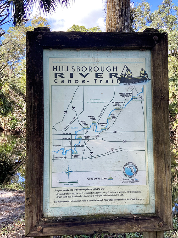This weathered map has guided countless paddlers through the Hillsborough River's twists and turns. Adventure's old-school GPS.