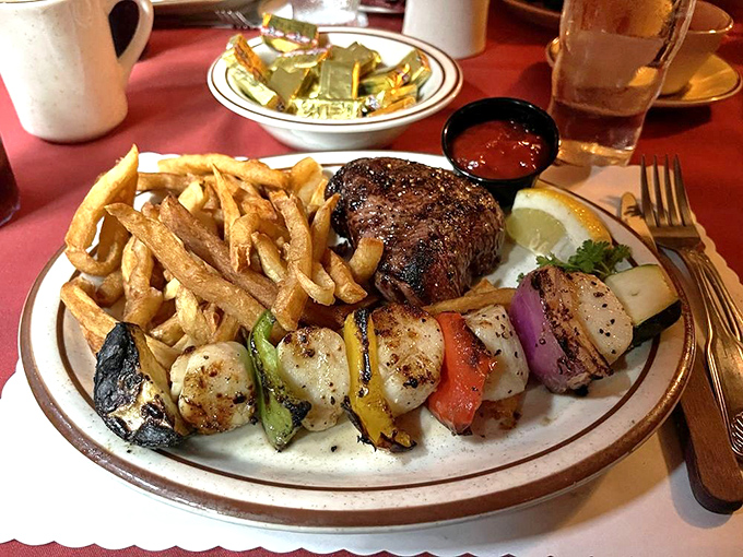 Surf meets turf in perfect harmony. The scallops and steak combo proves that land and sea can coexist beautifully on one magnificent plate.