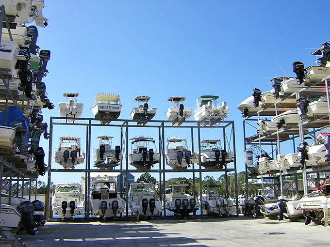 Boat storage that looks like a high-rise condo for vessels &ndash; proof that in Steinhatchee, boats often receive accommodations as nice as their owners. 