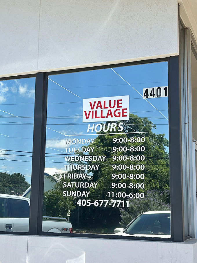 Store hours posted prominently&mdash;because knowing when to hunt for treasures is the first step in any successful thrifting expedition.