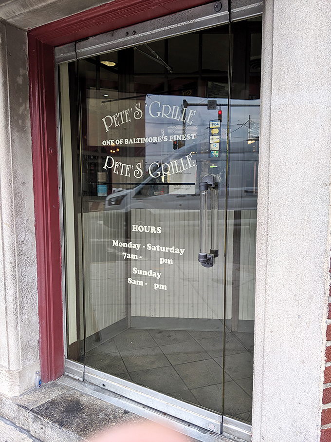 The glass door announces Pete's hours like a promise&mdash;seven days a week of breakfast possibility for a city that knows the value of starting the day right.