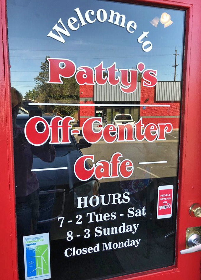 The door promises "7-2 Tues-Sat, 8-3 Sunday, Closed Monday"—hours that say "we make breakfast so good, we need a day to recover."