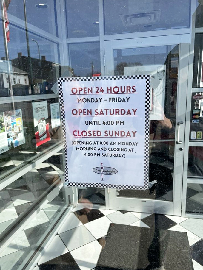 The hours sign reveals the commitment to feeding Cincinnati around the clock—because chili cravings know no schedule.