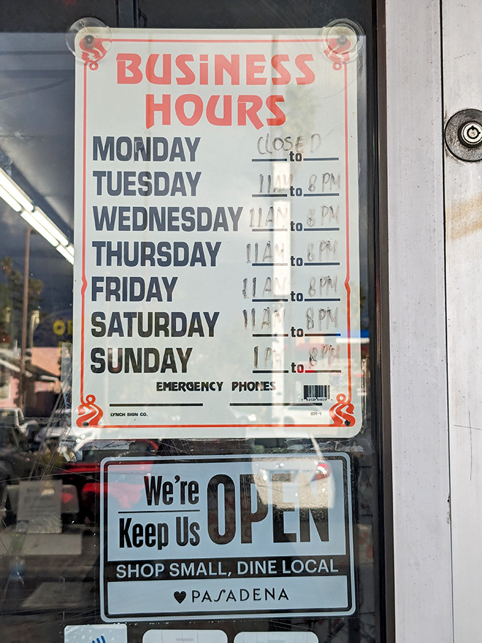 Hours posted like a promise. Closed Mondays&mdash;even culinary wizards need a day off to recharge their spice-wielding powers.