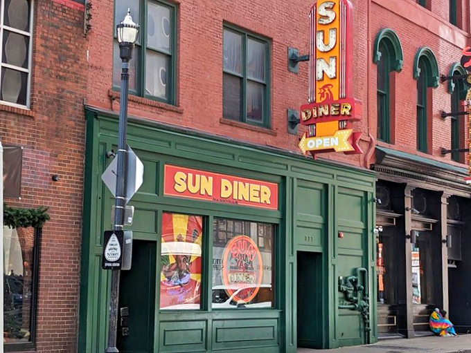 Sun Diner's daytime facade shows off its vintage charm&mdash;a musical breakfast haven nestled among Nashville's historic downtown buildings.