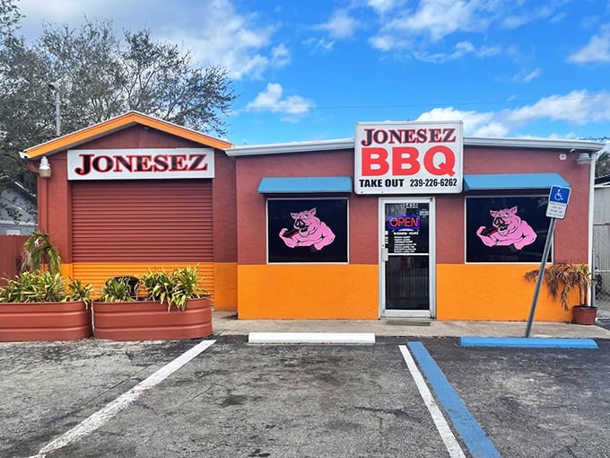 The storefront might be modest, but those muscular pink pigs know exactly what treasures await inside.