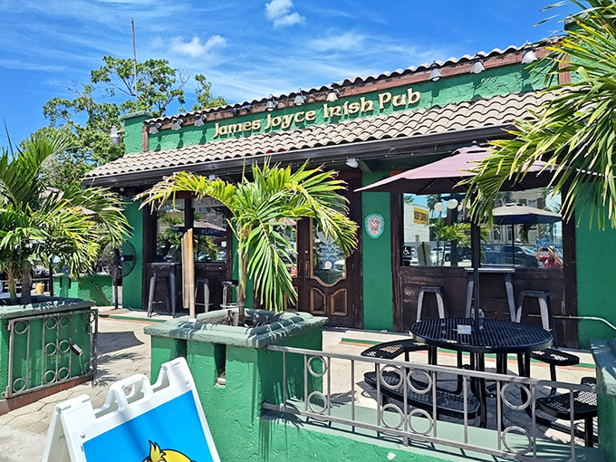 The vibrant green storefront stands out like an emerald in Tampa's urban landscape, promising authentic Irish charm inside.