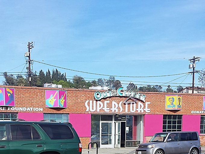 From the street, the store's distinctive signage serves as a colorful landmark in the neighborhood, impossible to miss even on a cloudy day.