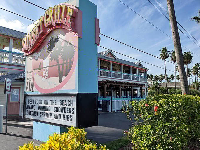Sunset Grille's pastel facade and promise of "Best Food on the Beach" is the kind of straightforward Florida honesty that pairs perfectly with their award-winning chowder.