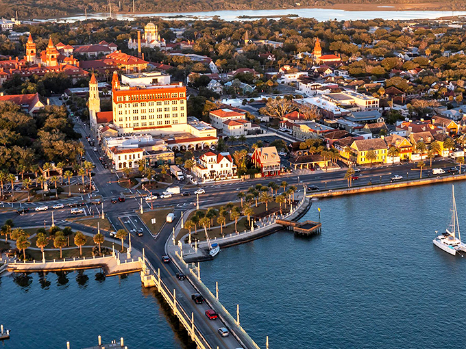 St. Augustine from above &ndash; where Spanish colonial history meets modern beach town in perfect coastal harmony.