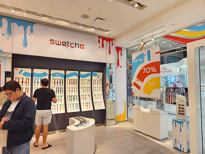 Swatch brings Swiss precision to outlet pricing, proving time really is money saved here.