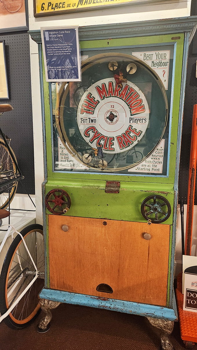 "The Marathon Cycle Race" arcade game offered penny entertainment for competitive cyclists who preferred their racing indoors, dry, and with significantly less pedaling involved.