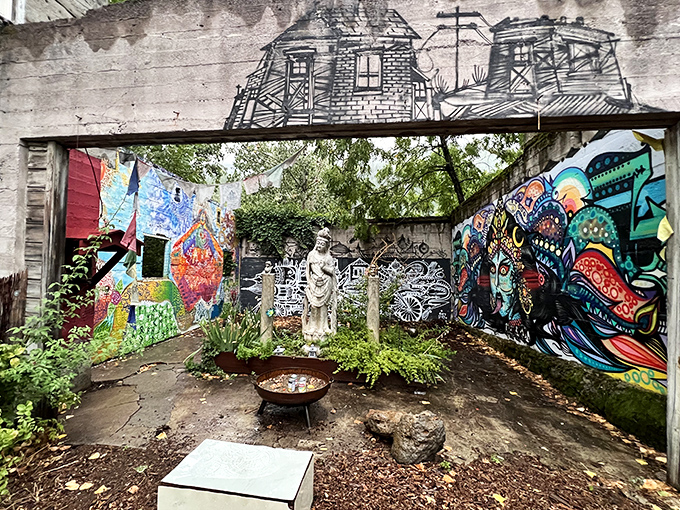 The Sacred Well's vibrant murals transform concrete walls into a community canvas, proving small towns can have big artistic visions.