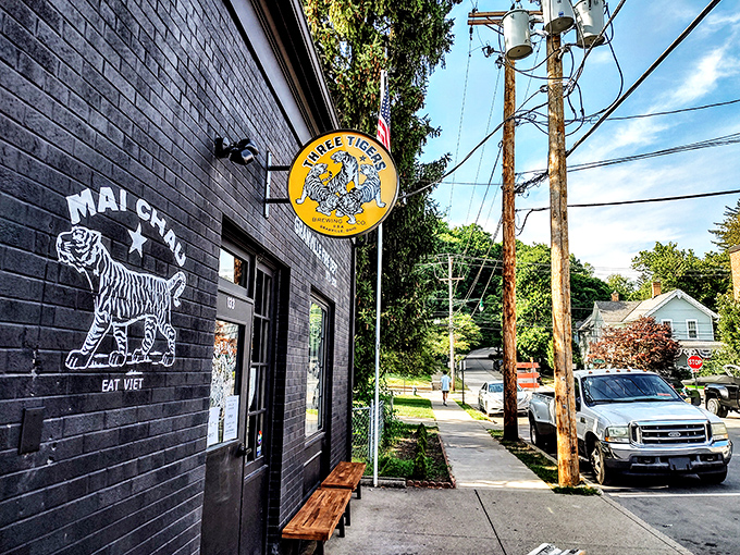 Three Tigers Brewing Company's bold signage stands out against its dark brick canvas, a modern twist in this historic landscape.