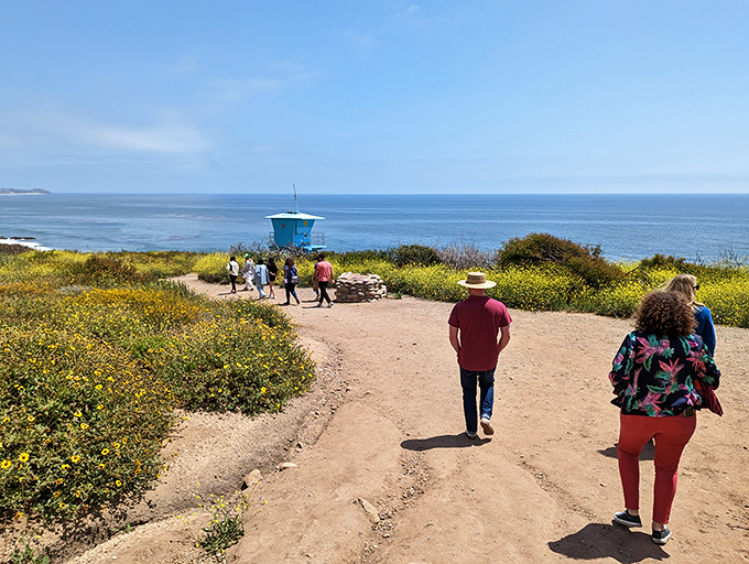 The path less traveled leads to coastal treasures. Visitors make their pilgrimage through fields of wildflowers toward El Matador's hidden coves.