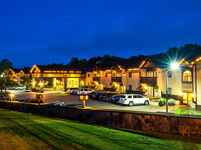 Treetops Resort glows with evening promise. After dark, those Alpine-inspired buildings look like they're hosting a reunion for cuckoo clock designers.