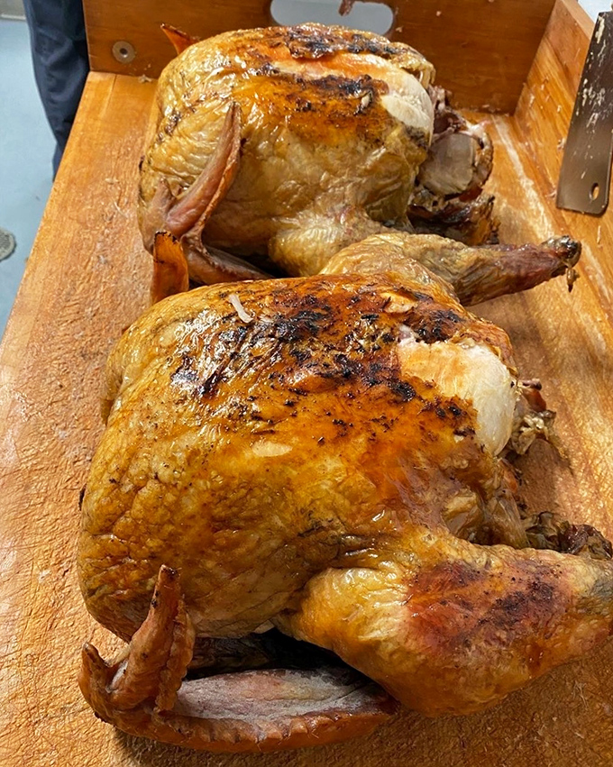 Whole turkeys, bronzed to perfection. Before they're chopped and sauced, they pose majestically like the centerpiece of a Renaissance painting.