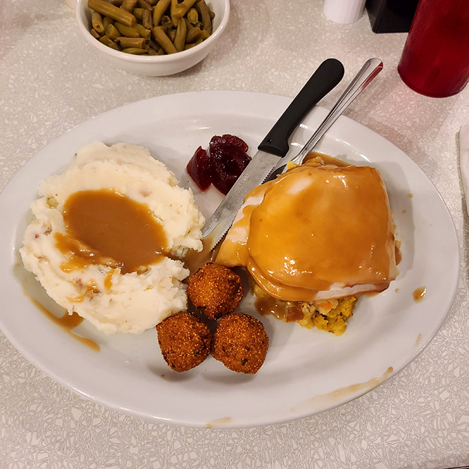 Turkey dinner that looks like Thanksgiving decided to show up on a random Tuesday &ndash; gravy and all.