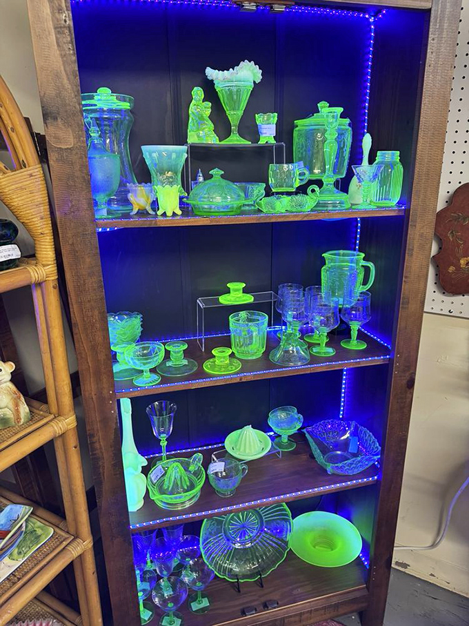 Under ultraviolet light, uranium glass reveals its otherworldly glow. Perfectly safe but spectacularly spooky&mdash;science and collecting beautifully combined.