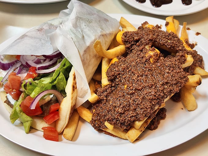The veggie gyro and chili fries combo &ndash; proof that even in diner food, balance is possible. Sort of.