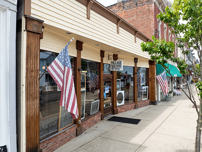 American flags frame Village Salvage, where "shopping local" isn't a trendy hashtag but simply how things have always been done.