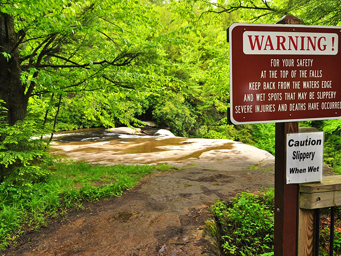 The warning sign serves as a sobering reminder that beauty and danger often share the same address. Mother Nature demands respect.
