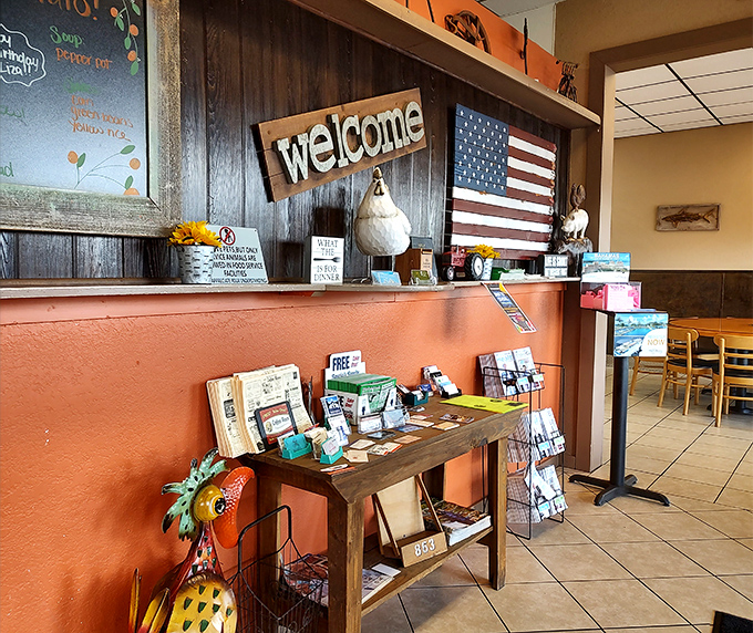 The welcome area's Americana decor sets the tone&mdash;this is a place where community notices share space with patriotic pride.