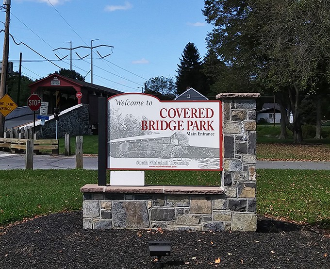 "Welcome to Covered Bridge Park" announces your arrival to this slice of preserved Americana, where South Whitehall Township's pride stands in crimson glory.
