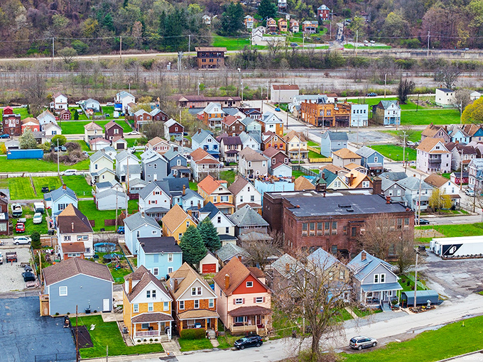 West Aliquippa's colorful homes create a patchwork quilt of community from above. Each house a different hue, but all part of the same fabric.
